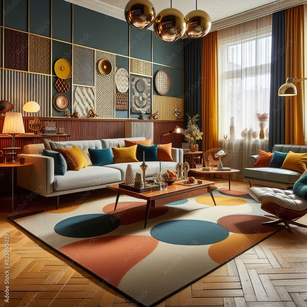 Vintage modern living room with mid century furniture, retro acc Stock ...