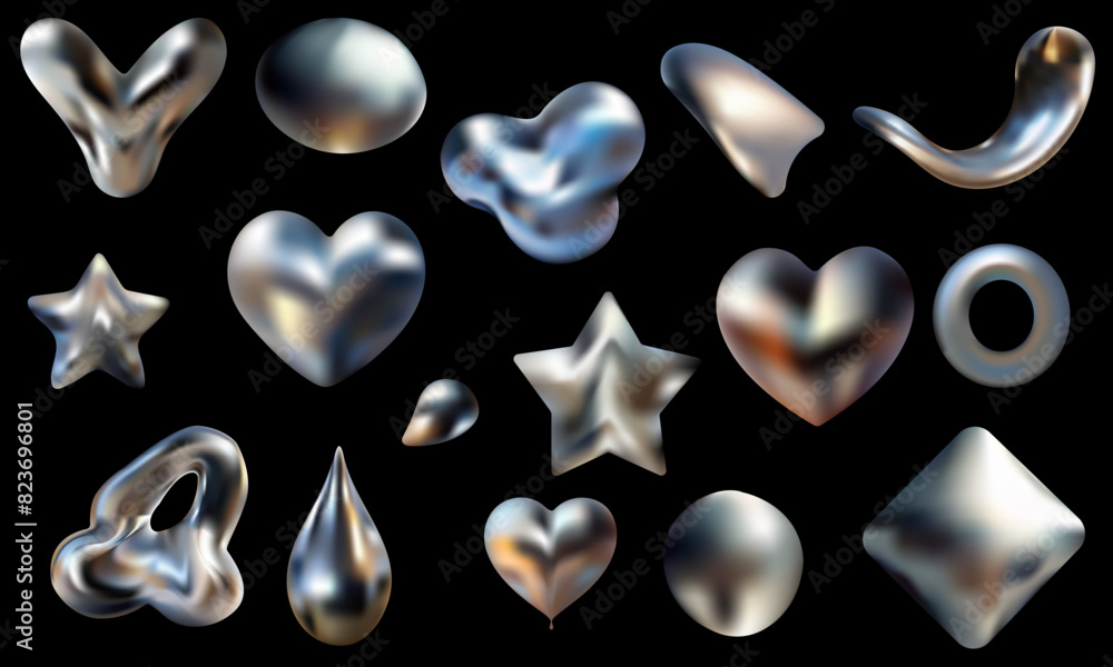 metal 3D figures in Y2K style on a black background, liquid mercury ...