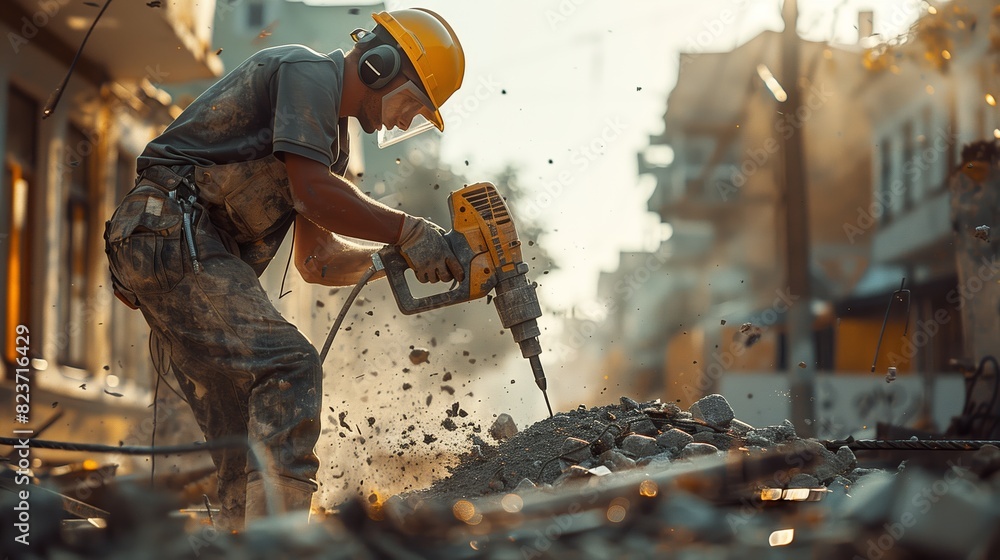 Construction workers are actively repairing a damaged city street early ...