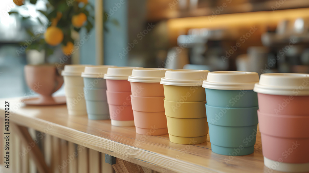A trendy pastel colors coffee cup mock-up featuring different cup sizes ...