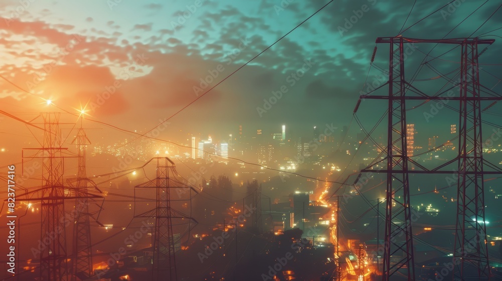 Urban high power poles connected to smart grid, energy supply, power ...