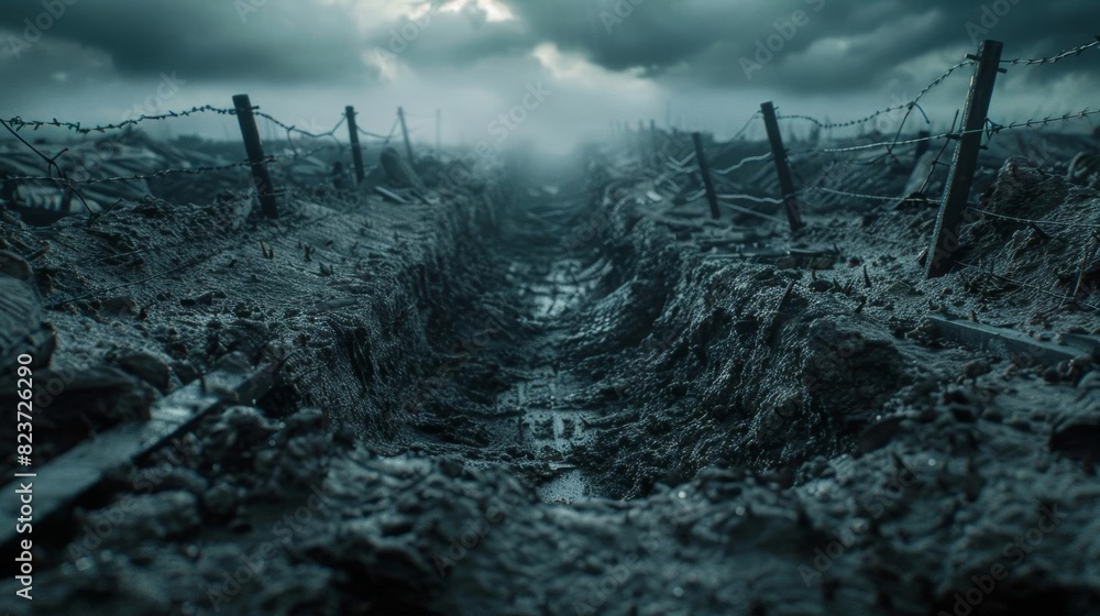 World War I trench scene on Memorial Day, solemn tribute, close up ...