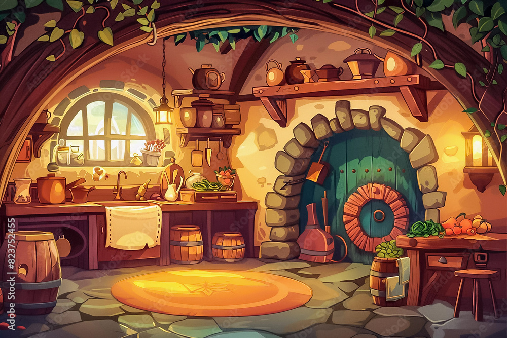 Cartoon background, interior fairytale house. Backdrop for product ...