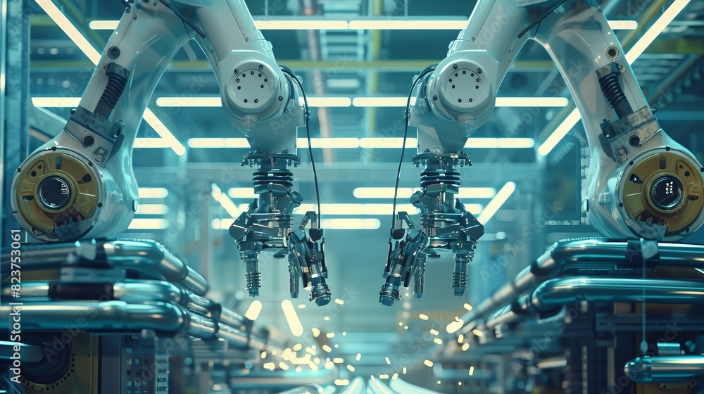 Robotic arms handling pipes and tubes in a factory, front view ...