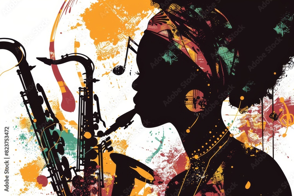 African music, woman silhouette and musical instruments, color poster ...