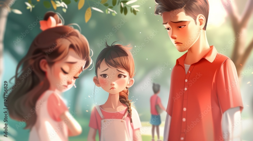 Sad Cartoon Characters with Emotional Expressions in Outdoor Setting ...