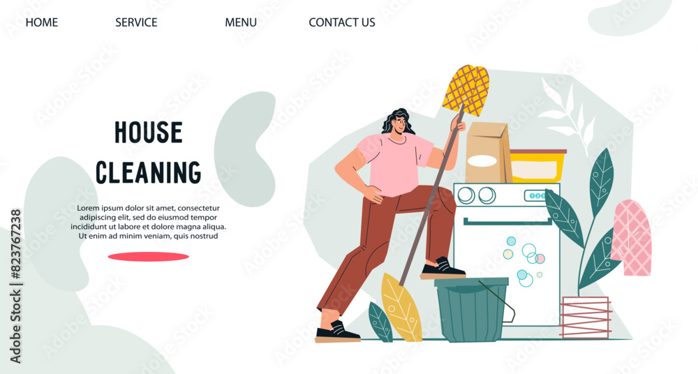 Banner or poster design with woman ready for household chores. Keeping ...