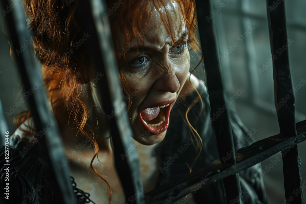 Red-haired woman witch in a cage, medieval punishment of the ...