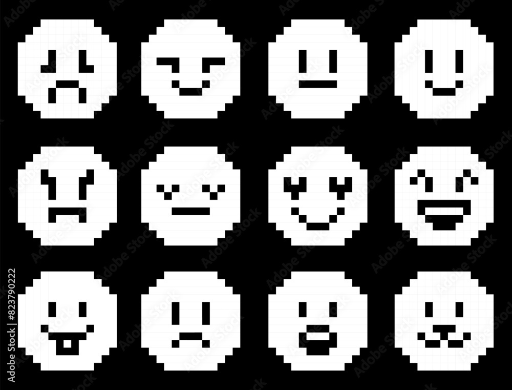 Pixel set with black and white emojis. Pixel art cute emotional faces ...