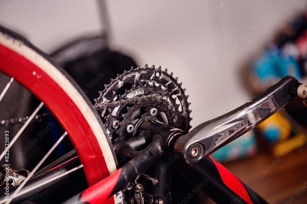 Detailed view of a bicycle's pedal and gear mechanism, highlighting the ...