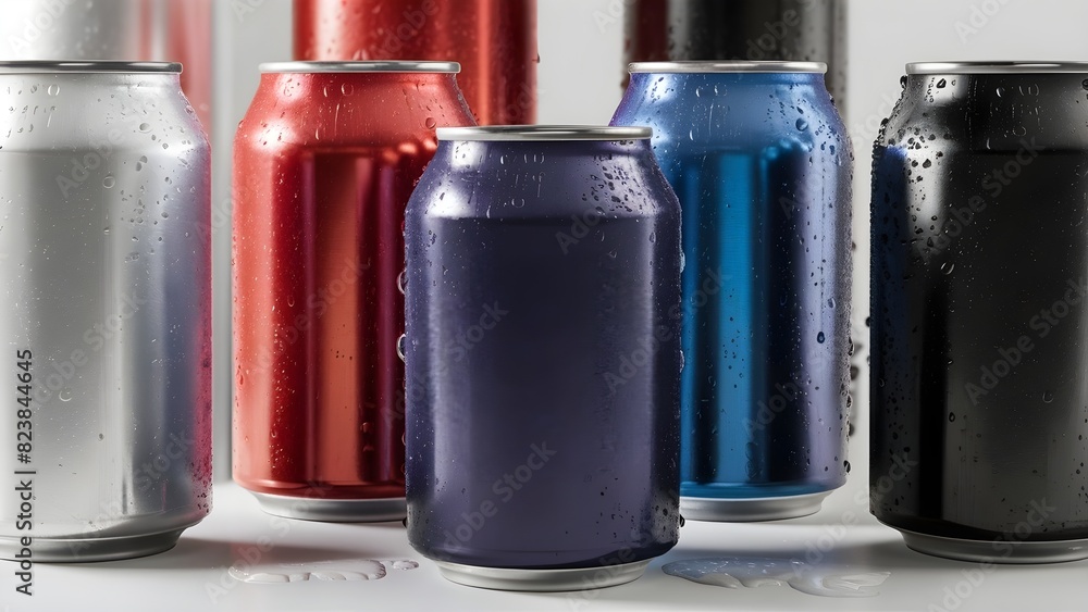 Realistic set of 5 color soda cans with water droplets Mockups, product photography backdrop ...