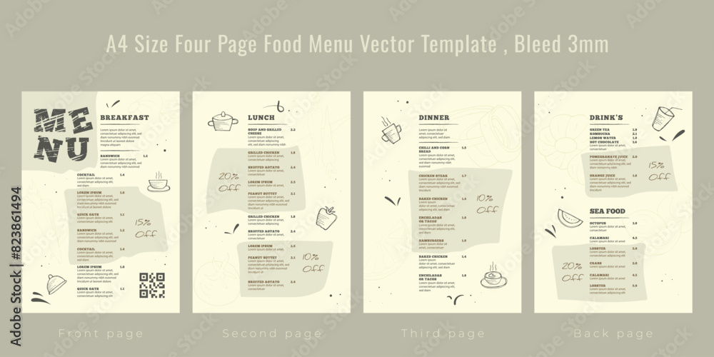 Restaurant cafe menu, template design. A4 size, Four page food menu ...