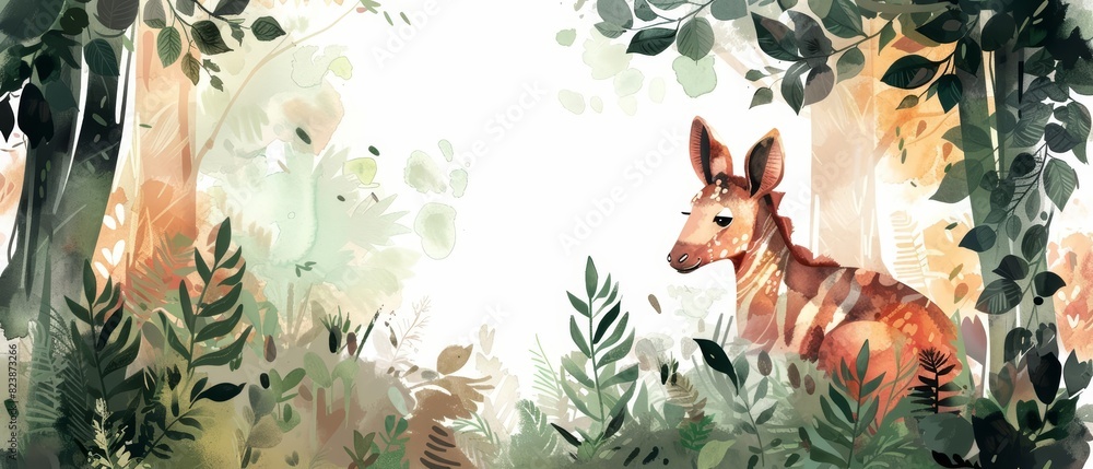 A kawaii water color of an okapi, nibbling on leaves, in an enchanted ...