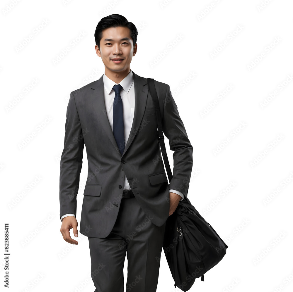 Asian Businessman walking with smiley face. Full body isolated on ...