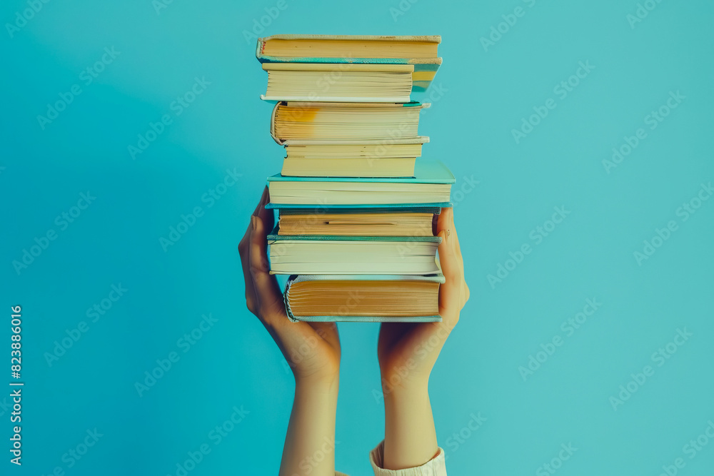 Women's hands hold a stack of books on a blue background. Concept ...