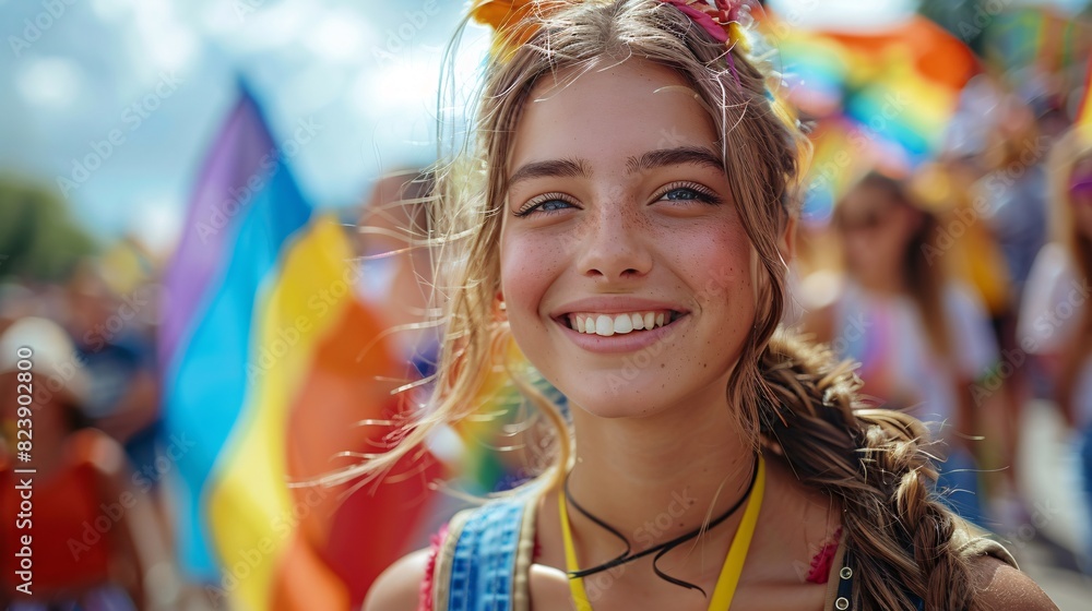 Ultra-realistic image of teens with rainbow flags, showing happiness ...
