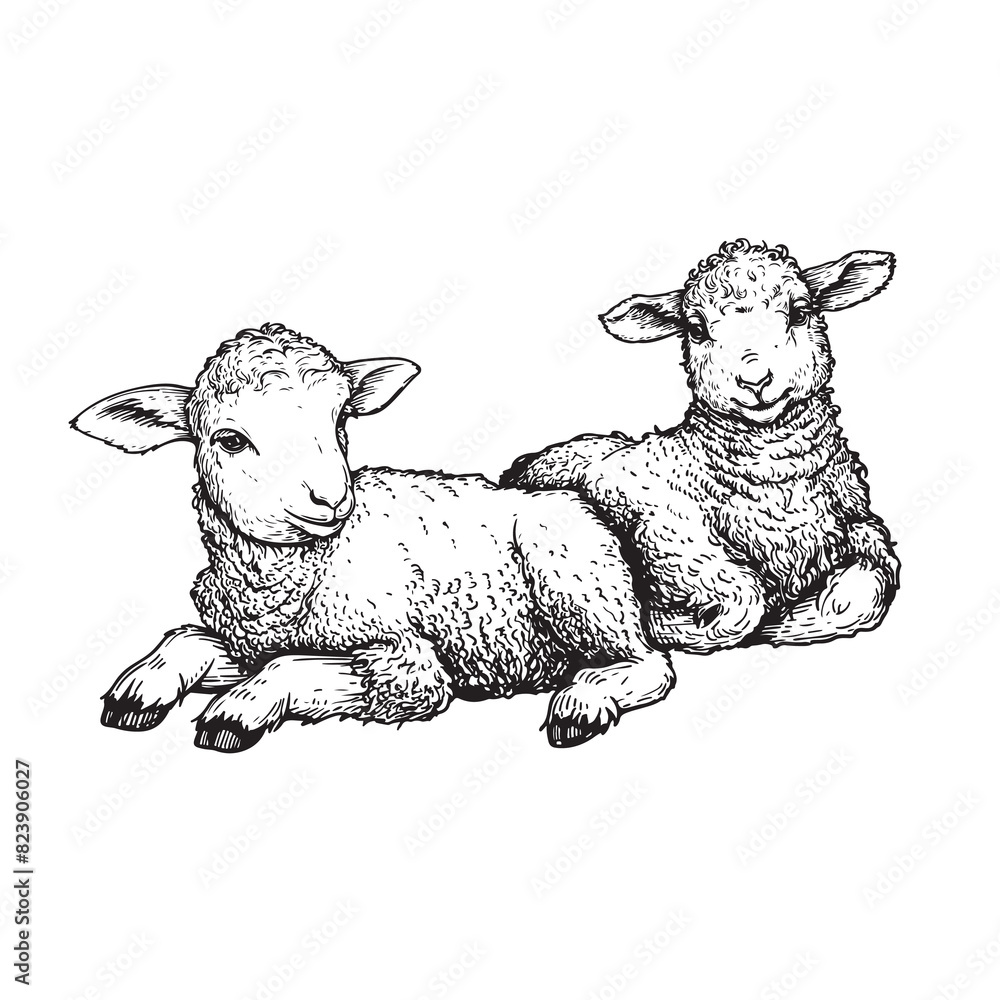 Hand drawn cute little lambs lying. Sketch style farm animal. Easter ...