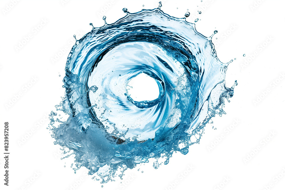Blue water swirl splash with little bubbles isolated on a white ...