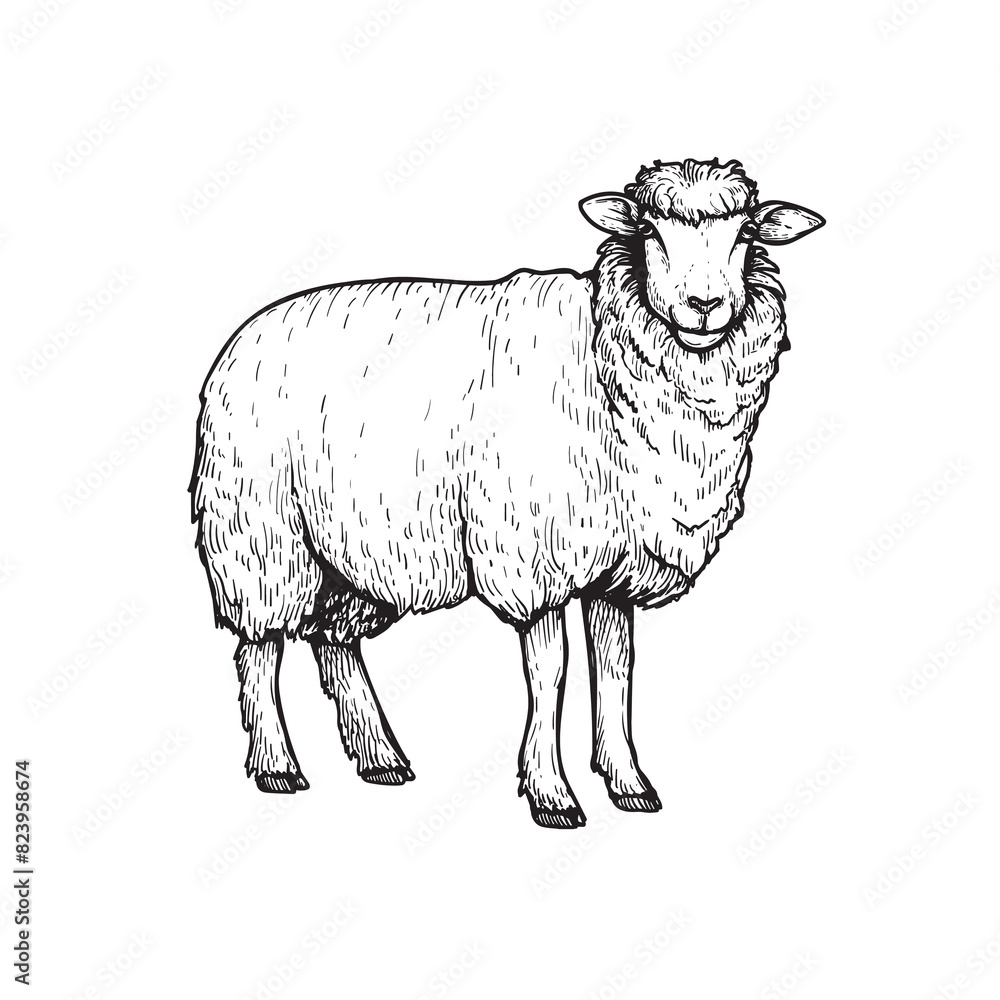 Sheep sketch style, hand drawn illustration. Farm animal retro engraved ...