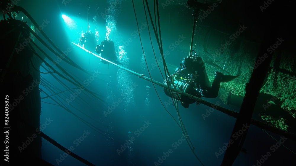 An industrial diving team descending into the depths to inspect a ...