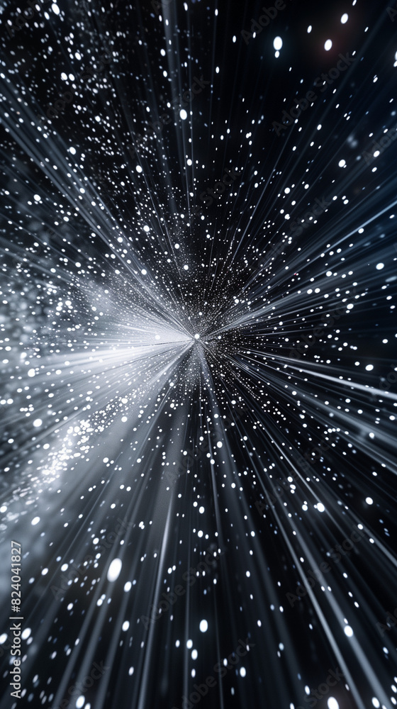 white light line through dark background, hyper speed warp in space. 3d ...