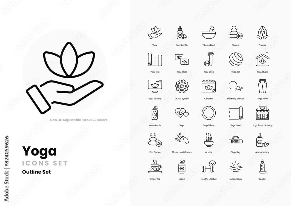 Yoga icons collection. Set contains such Icons as Lotus Pose, Om Symbol ...