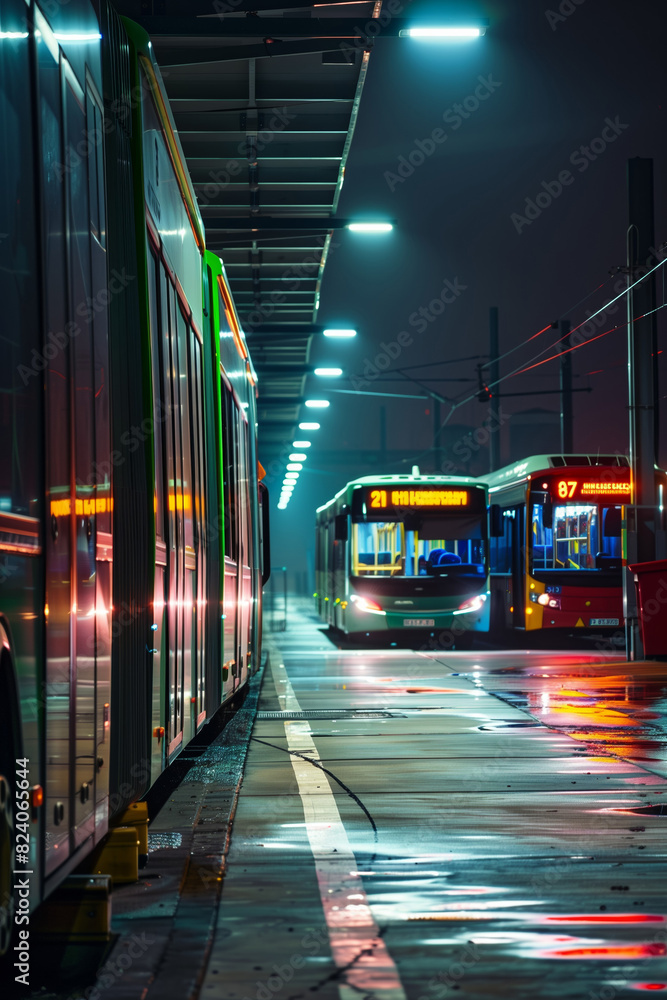 modern city bus terminal, many buses at station, public transport depot ...