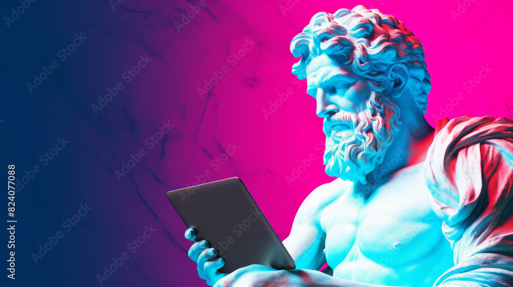 Marble statue of Zeus with tablet in vibrant pop-art style, merging ...