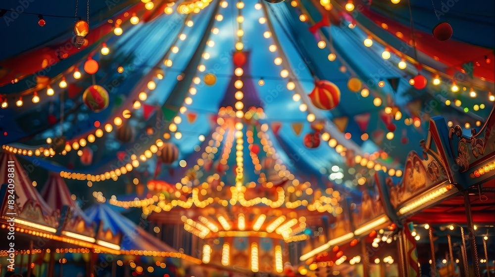 Describe a vibrant circus tent, filled with colorful lights and ...