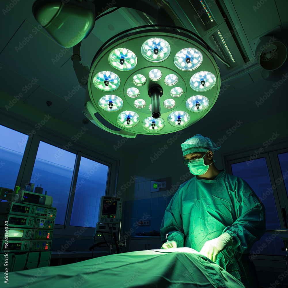 Surgeon in Modern Operating Room with Surgery Lights, Performing ...