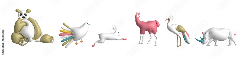 Pack of 6 wild animals in 3d cartoon style, set on a transparent ...