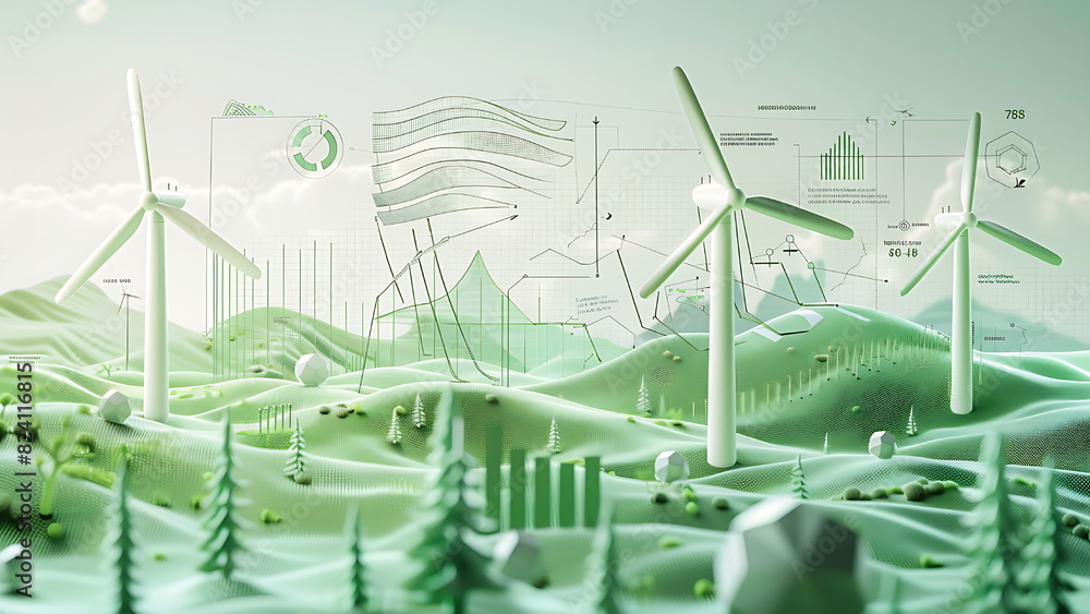 sketch charts with wind turbine and graph. green energy concept the environment Stock ...