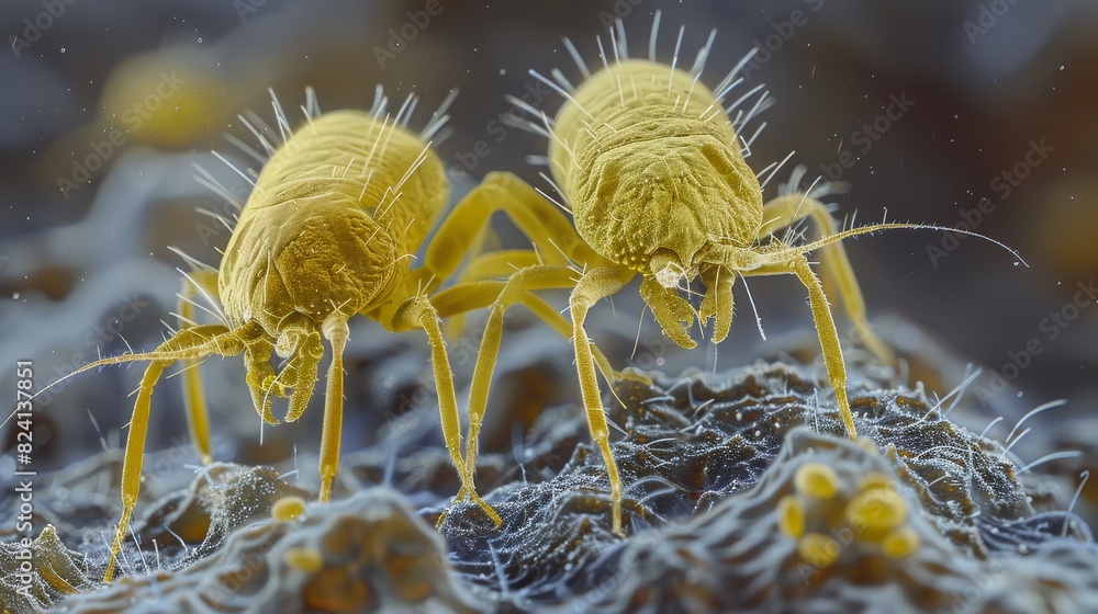Extreme close-up of two yellow springtails with fine hairs on a ...