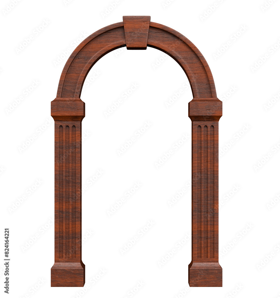 Dark Wooden Arched Window with Decorative Columns in 3d realistic ...