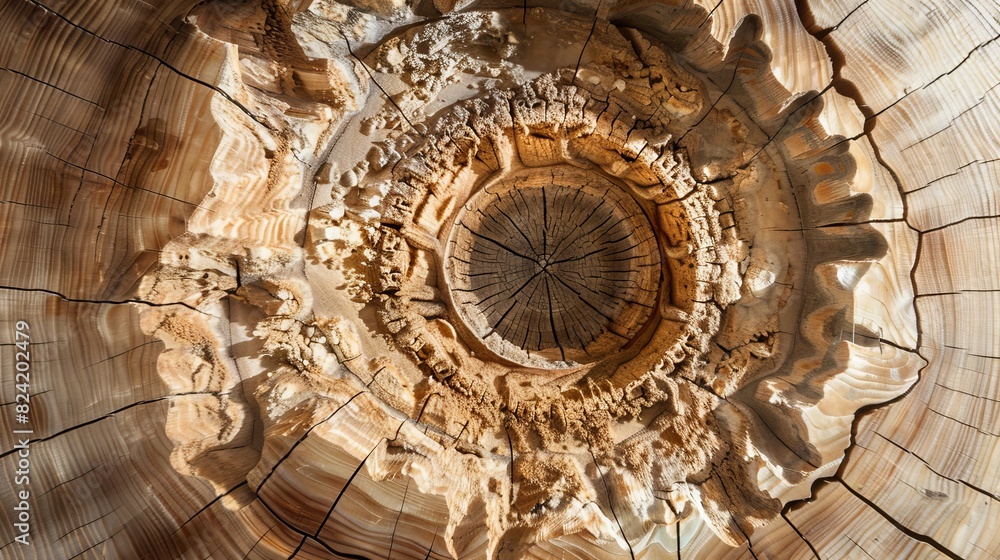 Cross-section of a tree, halved, close-up view showcasing a central ...