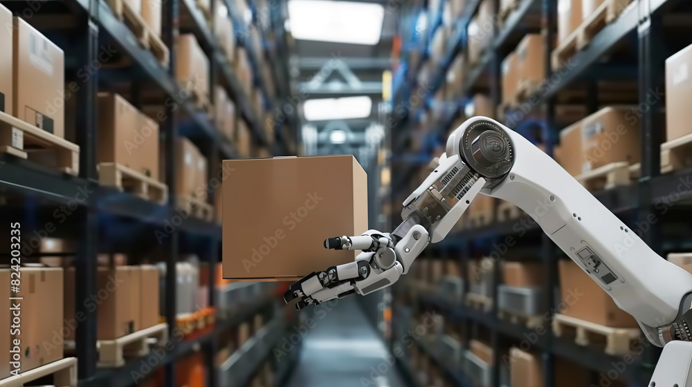 Industrial robot arm grabbing the cardboard box on roller conveyor rack ...