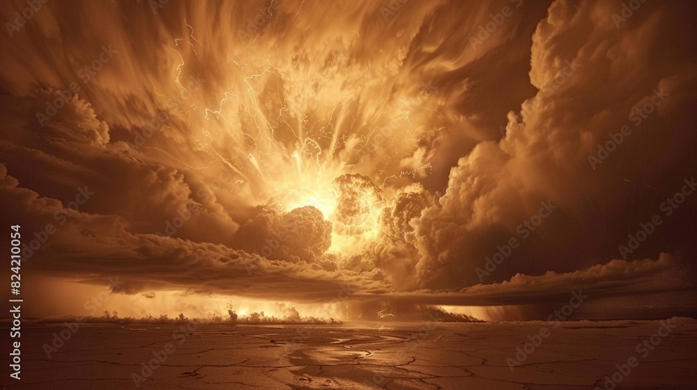 Shock waves emanate from a massive atomic blast, the ground shaking ...
