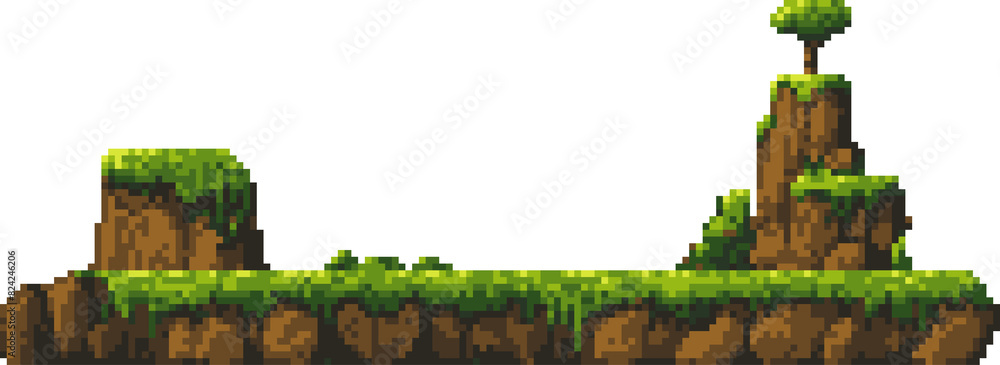 Pixel game platform, rainforest with mountains Stock Illustration ...