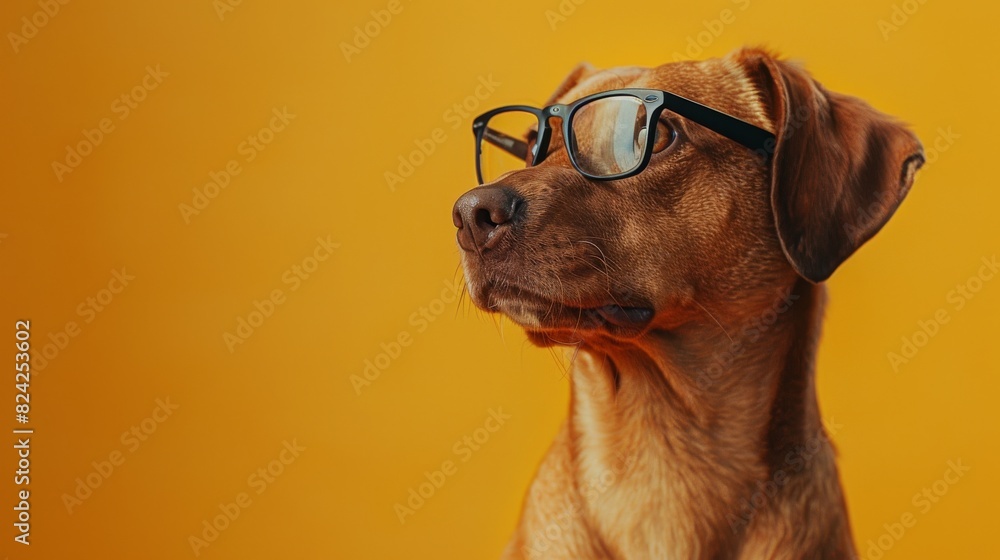 Realistic photo of a dog portrayed as an office worker, solid color ...