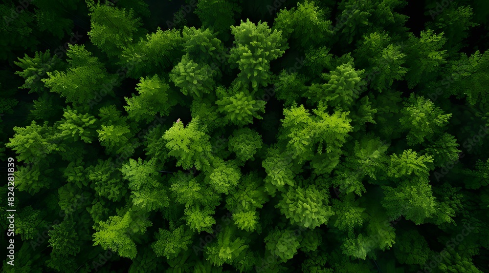 Drone's aerial perspective of lush green trees in the forest, capturing ...
