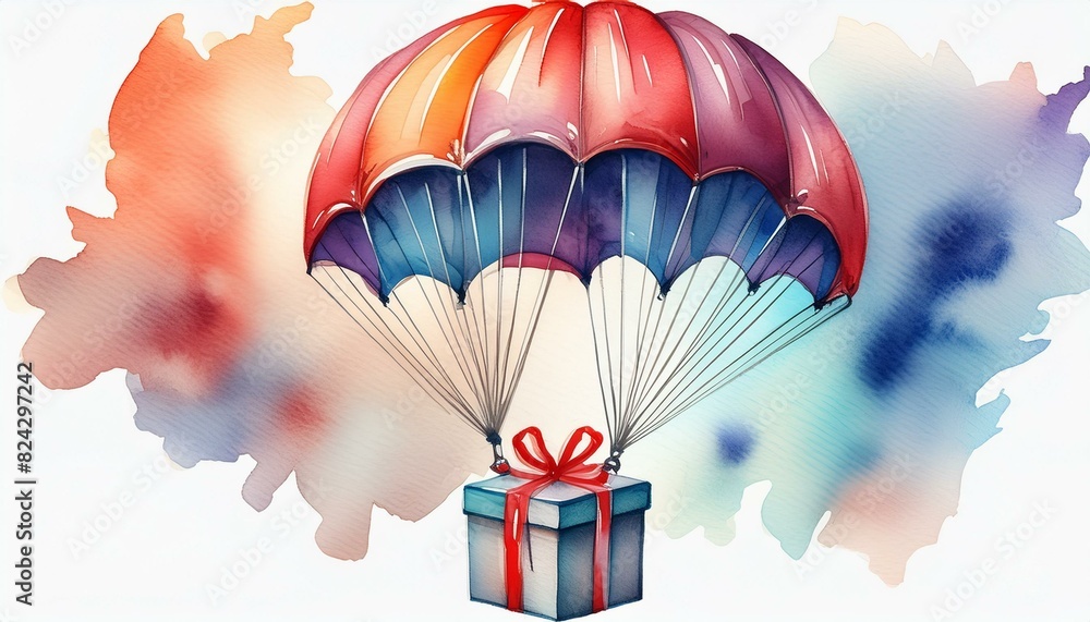 Watercolor illustration of Parachute with Gift Box. Hand drawn sketch ...