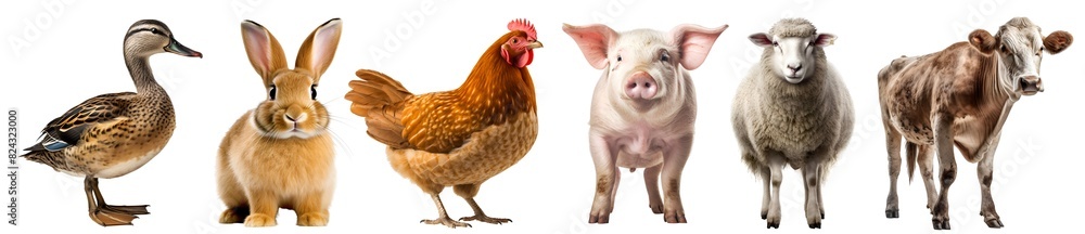 Set of 6 farm barn animal family, brown cow, pig, sheep lamb, chicken ...