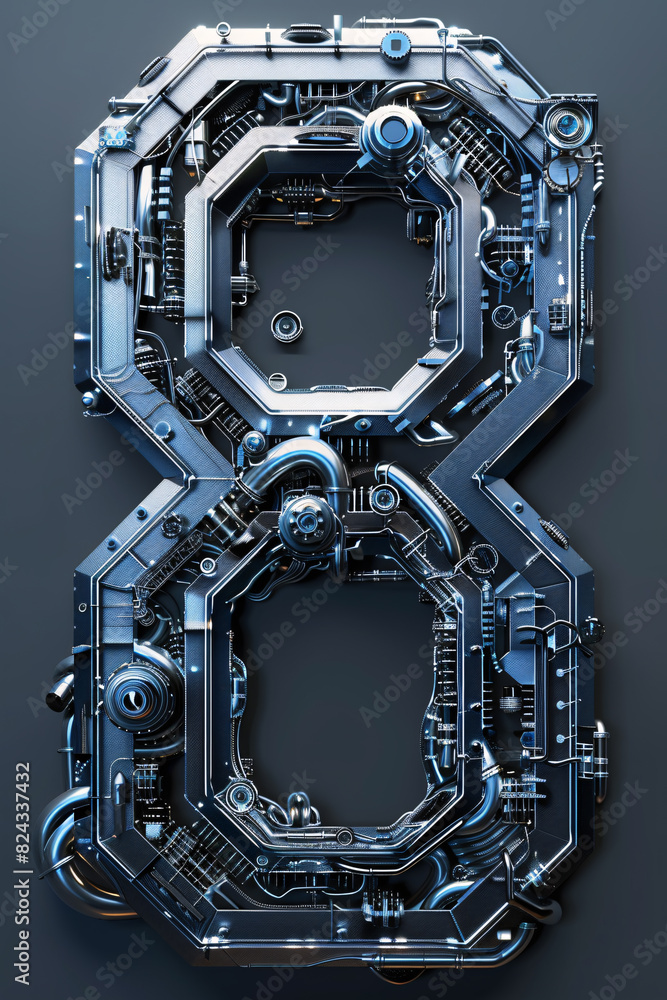 3D digital 8 Mechanical Industrial Cyberpunk art typeface design Stock ...