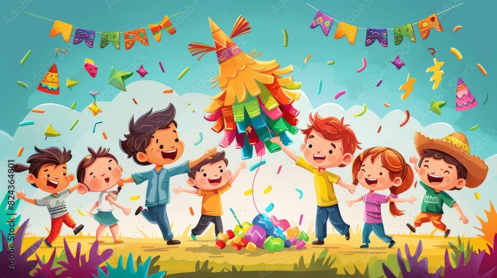 Detailed cartoon vector of children hitting a piÃ±ata at a Cinco de ...