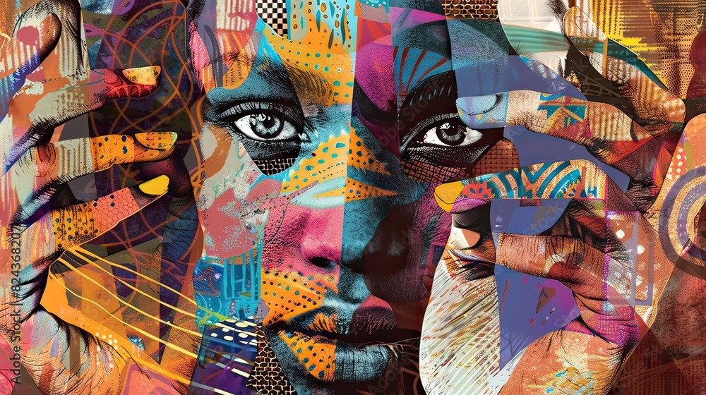 Diverse faces and hands layered with colorful patterns and textures ...
