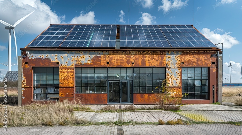 A rustic industrial building with solar panels on the roof, a wind ...