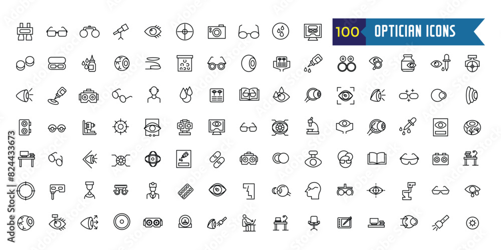 Optician icons set. Outline set of optician vector icons for ui design ...