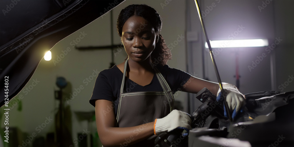 Confident young black female mechanic, working on a car, with the hood ...