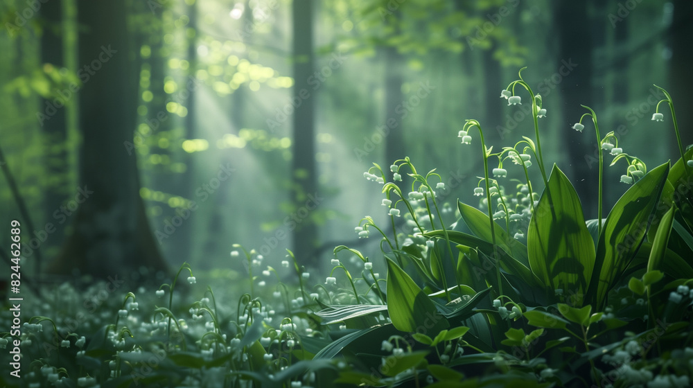 In the spring forest, delicate white flowers of May lily of the valley ...