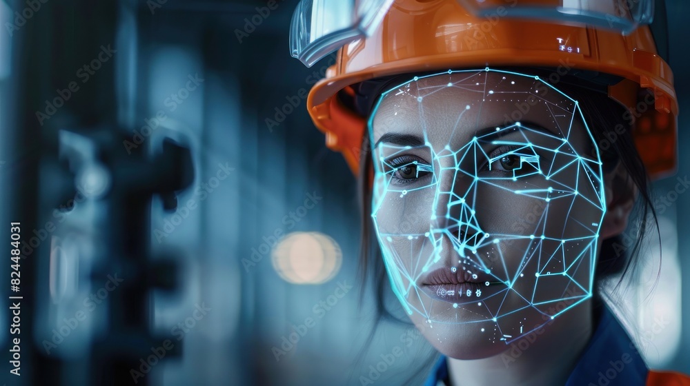 Full face portrait of female engineer wearing safety helmet View camera ...